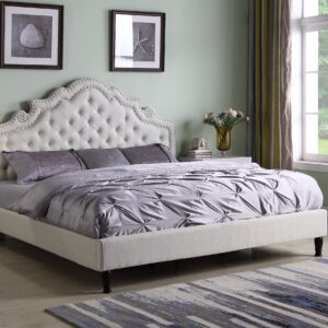 HomeLife Premiere Classics 51" Tall Platform Bed with Cloth Headboard and Slats - Queen (Light Beige Linen)