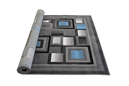 HR Abstract Blue/Silver/Gray Geometric Modern Squares Pattern 5x7 Area Rug (5'2" x 7'2")