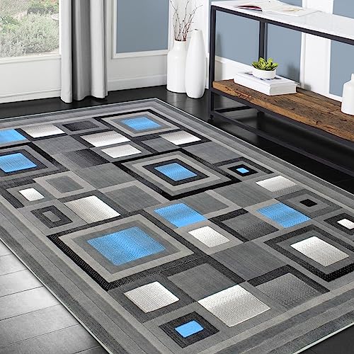 HR Abstract Blue/Silver/Gray Geometric Modern Squares Pattern 5x7 Area Rug (5'2" x 7'2")