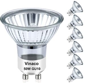 vinaco gu10 bulb, 6 pack halogen gu10 120v 50w, dimmable, mr16 gu10 light bulb with long lasting lifespan, gu10+c 120v 50w for track&recessed lighting, gu10 base bulb, 50w mr16/fl/gu10