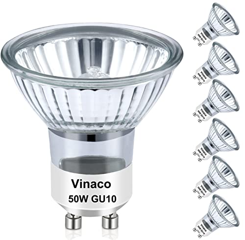 Vinaco GU10 Bulb, 6 Pack Halogen GU10 120V 50W, Dimmable, MR16 GU10 Light Bulb with Long Lasting Lifespan, gu10+c 120v 50w for Track&Recessed Lighting, Gu10 Base Bulb, 50W MR16/FL/GU10