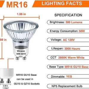 Vinaco GU10 Bulb, 6 Pack Halogen GU10 120V 50W, Dimmable, MR16 GU10 Light Bulb with Long Lasting Lifespan, gu10+c 120v 50w for Track&Recessed Lighting, Gu10 Base Bulb, 50W MR16/FL/GU10