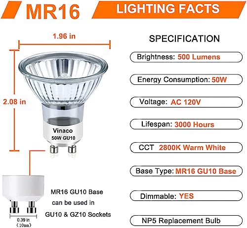 Vinaco GU10 Bulb, 6 Pack Halogen GU10 120V 50W, Dimmable, MR16 GU10 Light Bulb with Long Lasting Lifespan, gu10+c 120v 50w for Track&Recessed Lighting, Gu10 Base Bulb, 50W MR16/FL/GU10