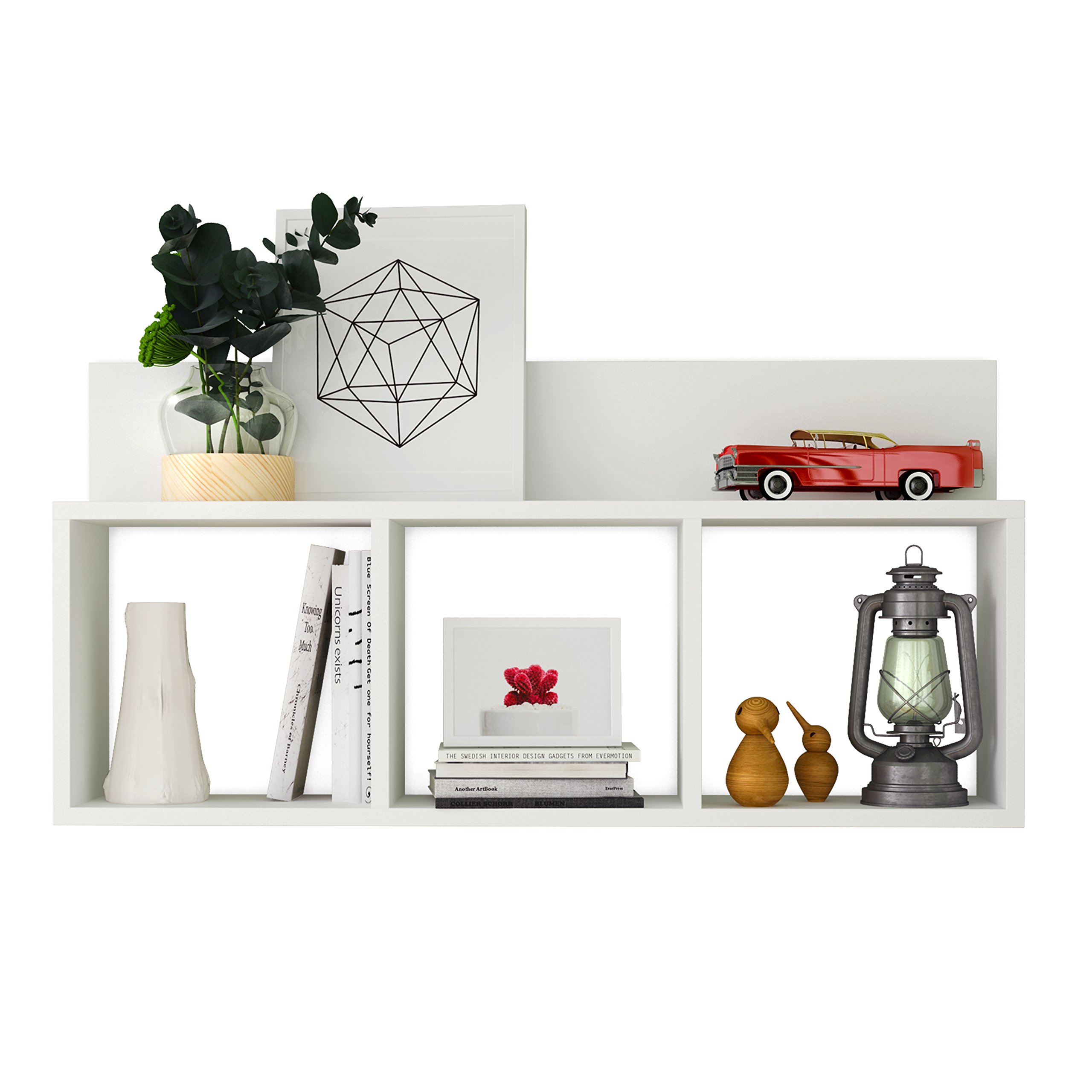 Danya B. Modern 3 Cube Floating Wall Shelf with Display Ledge - Easy to Hang Wall Mounted Triple Cubby Shelf (White)