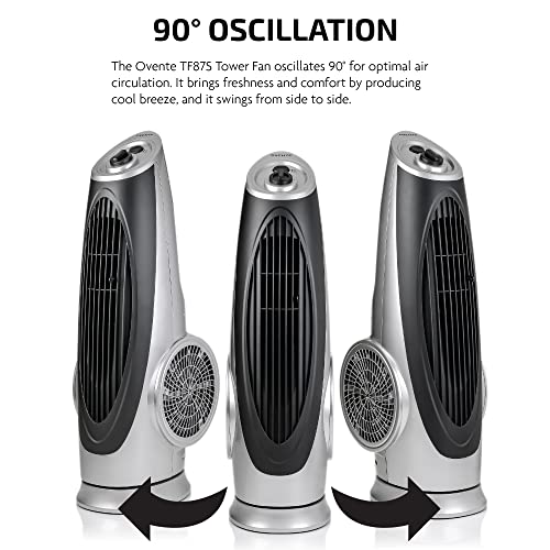 Ovente Portable Electric 30.4 Inch 90° Oscillating Tower Fan with 3 Speeds controlled by Manual Analog Knob with Low-Noise Technology Cool Air Breeze, Indoor, Bedroom, Home, Office, Silver TF87S