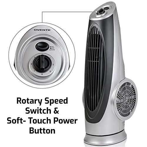 Ovente Portable Electric 30.4 Inch 90° Oscillating Tower Fan with 3 Speeds controlled by Manual Analog Knob with Low-Noise Technology Cool Air Breeze, Indoor, Bedroom, Home, Office, Silver TF87S