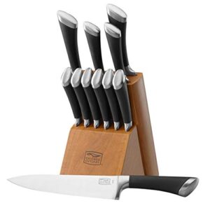 chicago cutlery fusion 12 piece forged premium knife block set with wooden storage block, cushion-grip handles with stainless steel blades, kitchen knife set