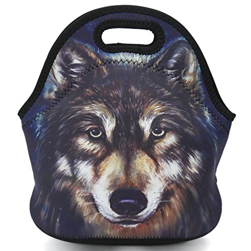 Neoprene Reusable Insulated Lunch Bag School Office Outdoor Thermal Carrying Gourmet Lunchbox Lunch Tote Container Tote Cooler Warm Pouch For Men,Women,Adults,Kids,Girls,Boys (Cool Wolf)