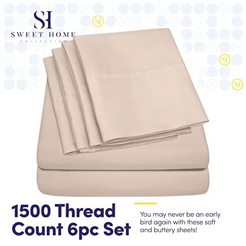 Sweet Home Collection 6 Piece 1500 Supreme Collection Brushed Microfiber Deep Pocket Sheet Set-2 Extra Pillow Cases, Great Value, Rv Short Queen, Beige