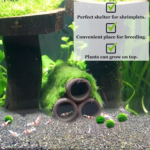 SunGrow Betta & Shrimp Ceramic Shelters, 2.8 x 1.8 x 0.6 Inches, Small Reptile & Lizard Hiding Cave Connected Tubes, Aquarium Decor