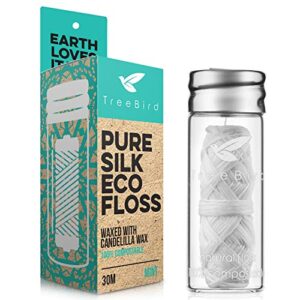 biodegradable dental floss with a refillable glass holder | naturally waxed with candelilla wax | 100% compostable | 33yds/30m natural silk spool | eco-friendly zero waste oral care | mint flavored