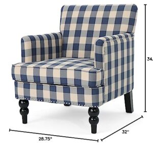 Christopher Knight Home Evete Tufted Fabric Club Chair, Blue Checkerboard, Dark Brown, 32D x 28.75W x 34.5H in