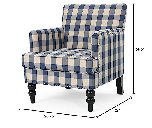 Christopher Knight Home Evete Tufted Fabric Club Chair, Blue Checkerboard, Dark Brown, 32D x 28.75W x 34.5H in