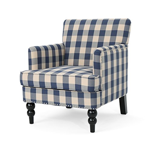 Christopher Knight Home Evete Tufted Fabric Club Chair, Blue Checkerboard, Dark Brown, 32D x 28.75W x 34.5H in