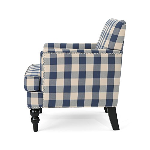 Christopher Knight Home Evete Tufted Fabric Club Chair, Blue Checkerboard, Dark Brown, 32D x 28.75W x 34.5H in