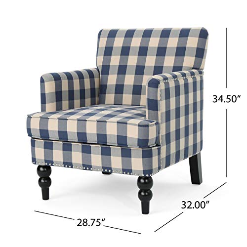 Christopher Knight Home Evete Tufted Fabric Club Chair, Blue Checkerboard, Dark Brown, 32D x 28.75W x 34.5H in