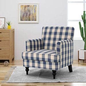 Christopher Knight Home Evete Tufted Fabric Club Chair, Blue Checkerboard, Dark Brown, 32D x 28.75W x 34.5H in