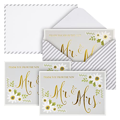 Sustainable Greetings 48 Pack New Mr and Mrs Wedding Thank You Cards with Striped Decorative Envelopes (4x6 In)