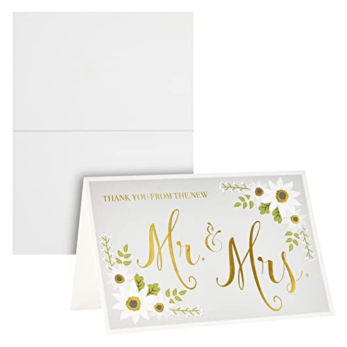 Sustainable Greetings 48 Pack New Mr and Mrs Wedding Thank You Cards with Striped Decorative Envelopes (4x6 In)