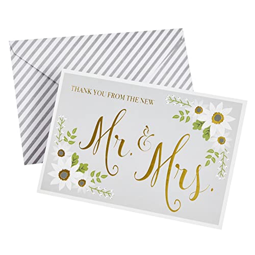 Sustainable Greetings 48 Pack New Mr and Mrs Wedding Thank You Cards with Striped Decorative Envelopes (4x6 In)