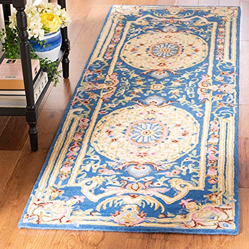 SAFAVIEH Savonnerie Collection Area Rug - 9' x 12', Sage & Blue, Handmade Traditional European Wool, Ideal for High Traffic Areas in Living Room, Bedroom (SAV120W)