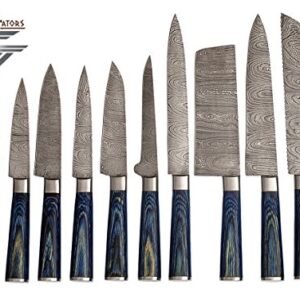 G25- Professional Kitchen Knives Custom Made Damascus Steel 10 pcs of Professional Utility Chef Kitchen Knife Set Round Blue Wood Handle with Pocket Case Chef Knife Roll Bag by GladiatorsGuild