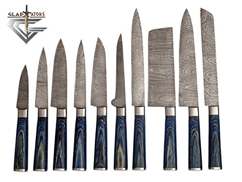 G25- Professional Kitchen Knives Custom Made Damascus Steel 10 pcs of Professional Utility Chef Kitchen Knife Set Round Blue Wood Handle with Pocket Case Chef Knife Roll Bag by GladiatorsGuild