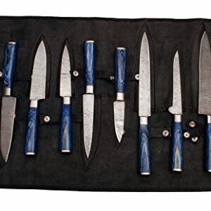 G25- Professional Kitchen Knives Custom Made Damascus Steel 10 pcs of Professional Utility Chef Kitchen Knife Set Round Blue Wood Handle with Pocket Case Chef Knife Roll Bag by GladiatorsGuild