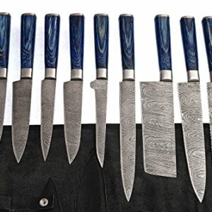 G25- Professional Kitchen Knives Custom Made Damascus Steel 10 pcs of Professional Utility Chef Kitchen Knife Set Round Blue Wood Handle with Pocket Case Chef Knife Roll Bag by GladiatorsGuild