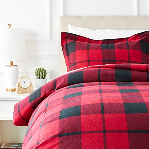 Amazon Basics Everyday Flannel Duvet Cover and 1 Pillow Sham Set - Twin or Twin XL, Red Plaid