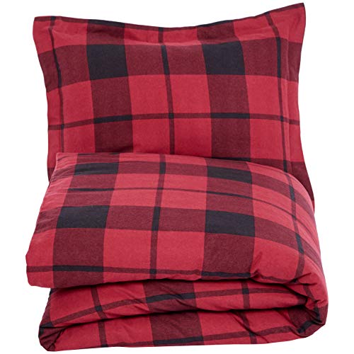 Amazon Basics Everyday Flannel Duvet Cover and 1 Pillow Sham Set - Twin or Twin XL, Red Plaid