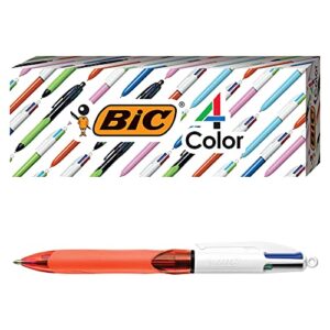 bic 4-color grip ballpoint pen, orange barrel, fine point (0.8mm), assorted inks, 3-count