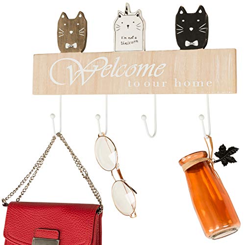 EXCELLO GLOBAL PRODUCTS Wall Mounted Cat Themed 16 in Coat Rack with 4 Hanging Hooks