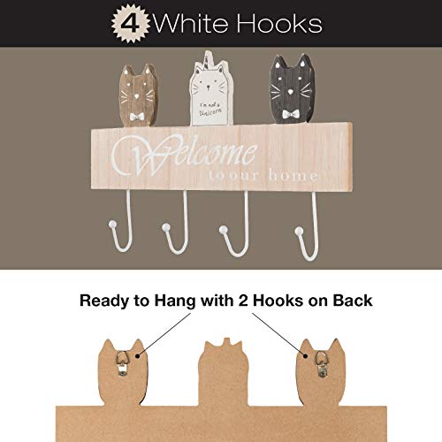 EXCELLO GLOBAL PRODUCTS Wall Mounted Cat Themed 16 in Coat Rack with 4 Hanging Hooks