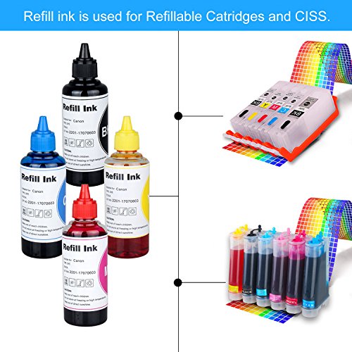 Printer Refill Ink Dye Bottles Kit for Refillable Cartridges and CISS, for PIXMA MG7720, MG7520, TS9020, IP8720, MP980, MP990, MG8120, MG8120B