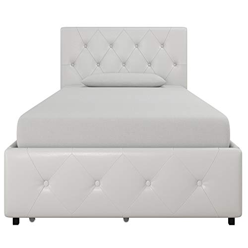 DHP Dakota Upholstered Platform Bed with Underbed Storage Drawers and Diamond Button Tufted Headboard and Footboard, No Box Spring Needed, Twin, White Faux Leather