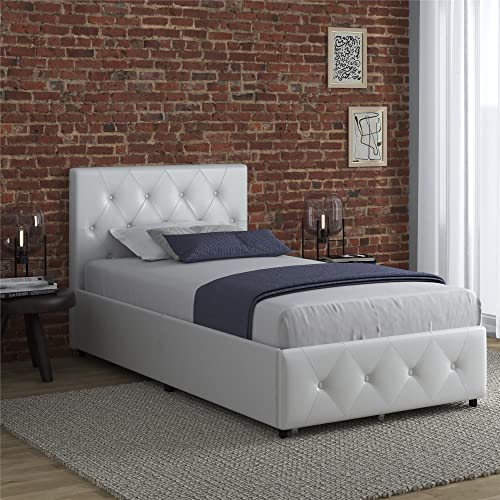 DHP Dakota Upholstered Platform Bed with Underbed Storage Drawers and Diamond Button Tufted Headboard and Footboard, No Box Spring Needed, Twin, White Faux Leather