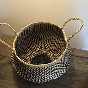 Natural Craft Seagrass Plant Basket for Storage Size (14x14x13 inches) - Style: Black Zigzag, Laundry, Picnic - Plant Pots Cover Indoor Home Decor - Hand Woven Straw Beach Bag with Handles M