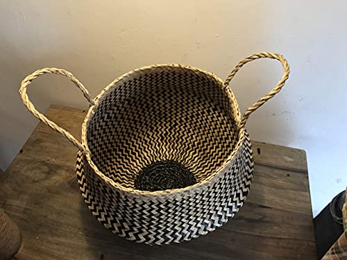 Natural Craft Seagrass Plant Basket for Storage Size (14x14x13 inches) - Style: Black Zigzag, Laundry, Picnic - Plant Pots Cover Indoor Home Decor - Hand Woven Straw Beach Bag with Handles M