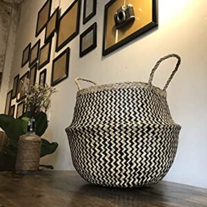 Natural Craft Seagrass Plant Basket for Storage Size (14x14x13 inches) - Style: Black Zigzag, Laundry, Picnic - Plant Pots Cover Indoor Home Decor - Hand Woven Straw Beach Bag with Handles M