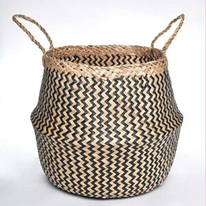 Natural Craft Seagrass Plant Basket for Storage Size (14x14x13 inches) - Style: Black Zigzag, Laundry, Picnic - Plant Pots Cover Indoor Home Decor - Hand Woven Straw Beach Bag with Handles M