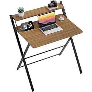 greenforest folding desk no assembly required, computer desk with 2-tier shelf foldable table for small spaces fully unfold 32 x 24.5 inch, espresso