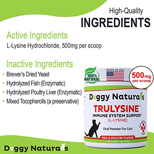 Trulysine L-Lysine for Cats Immune Support Oral Powder 4oz/100g - Cats & Kittens of All Age, Sneezing, Runny Nose Squinting, Watery Eyes - Fish & Poultry Flavor (U.S.A)(100 Grams ( 500mg / Scoop))