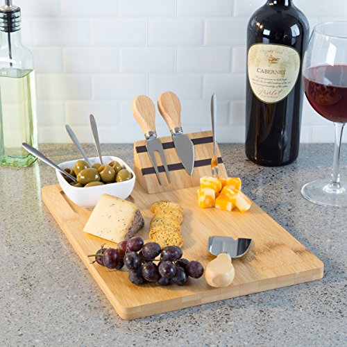 Classic Cuisine 9 Piece Cheese Serving Tray Set with Stainless Steel Cutlery and Dip Dish-Durable and Eco-Friendly Charcuterie Board, Wood