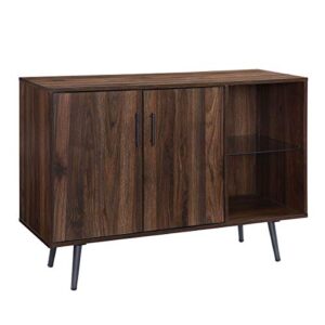 walker edison theo mid century modern 2 door asymmetrical glass shelf buffet, 44 inch, dark walnut