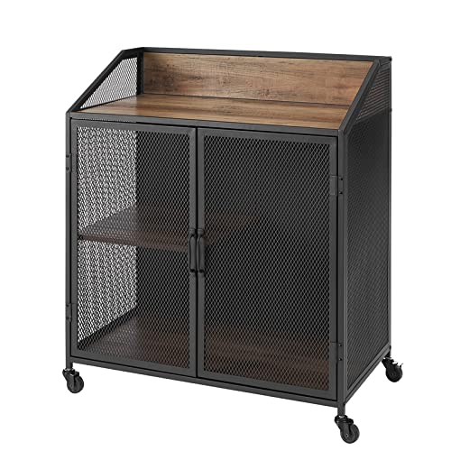 Walker Edison Malcomb Urban Industrial Metal Mesh Double Door Rolling Bar Cabinet, 33 Inch, Rustic Oak