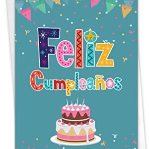 NobleWorks - 1 Spanish Birthday Card with Envelope - Hispanic Latino Celebration Card for Birthdays - Feliz Cumpleanos C6587BDG-SL