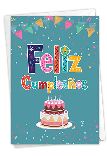 NobleWorks - 1 Spanish Birthday Card with Envelope - Hispanic Latino Celebration Card for Birthdays - Feliz Cumpleanos C6587BDG-SL