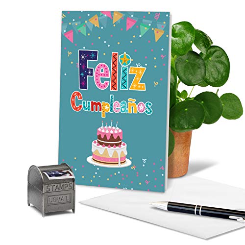 NobleWorks - 1 Spanish Birthday Card with Envelope - Hispanic Latino Celebration Card for Birthdays - Feliz Cumpleanos C6587BDG-SL