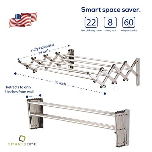 Smartsome Space Saver Fold Away Racks: Stainless Steel Wall Mounted Laundry Drying Rack, Easy to Install - 8 34" Rods, Total: 22.5 Linear Ft, 60 lb Capacity- Indoor and Outdoor Use